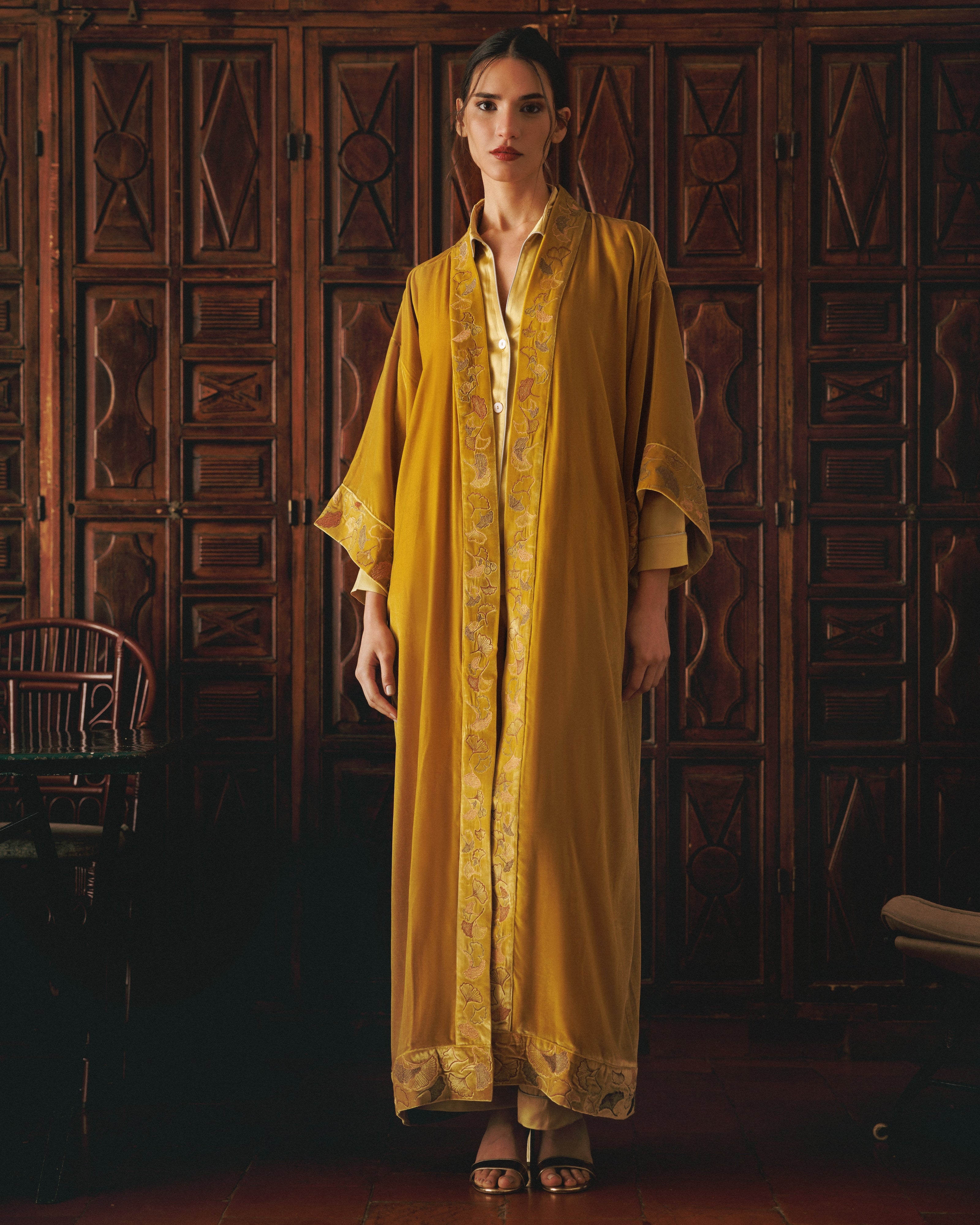 Karma on the Rocks | Nikko Silk Velvet Gold Long Robe at Jane's Vanity