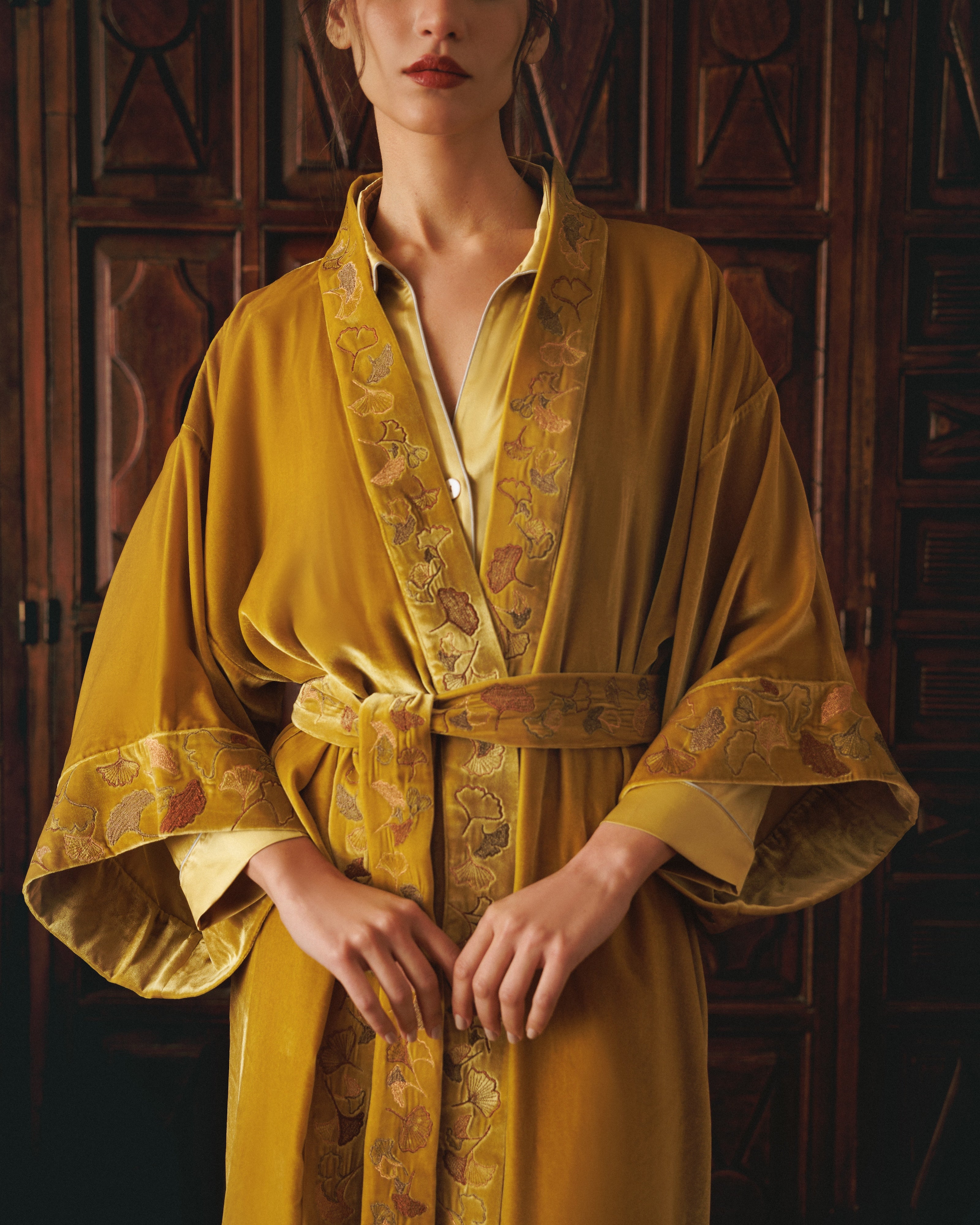 Karma on the Rocks | Nikko Silk Velvet Gold Long Robe at Jane's Vanity