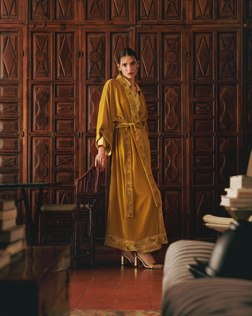 Karma on the Rocks | Nikko Silk Velvet Gold Long Robe at Jane's Vanity