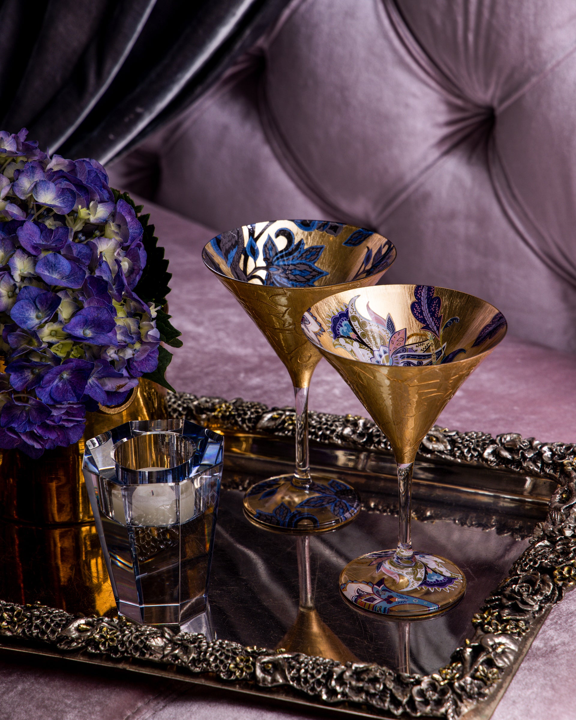 Scott Potter | Bright Blue Paisley Mix Martini Glass Set at Jane's Vanity