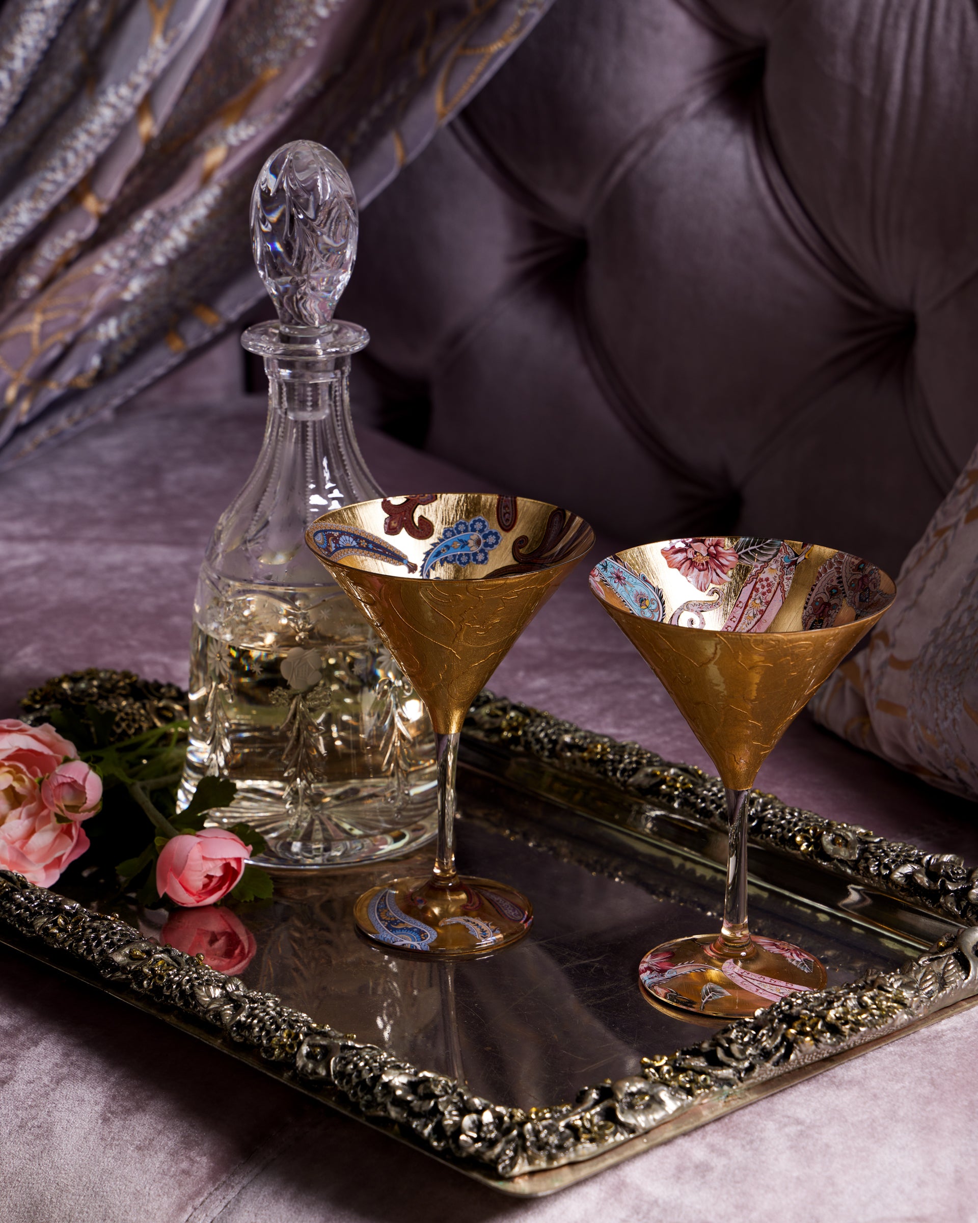 Scott Potter | Pink and Blue Paisley Gilded Martini Glasses at Jane's ...