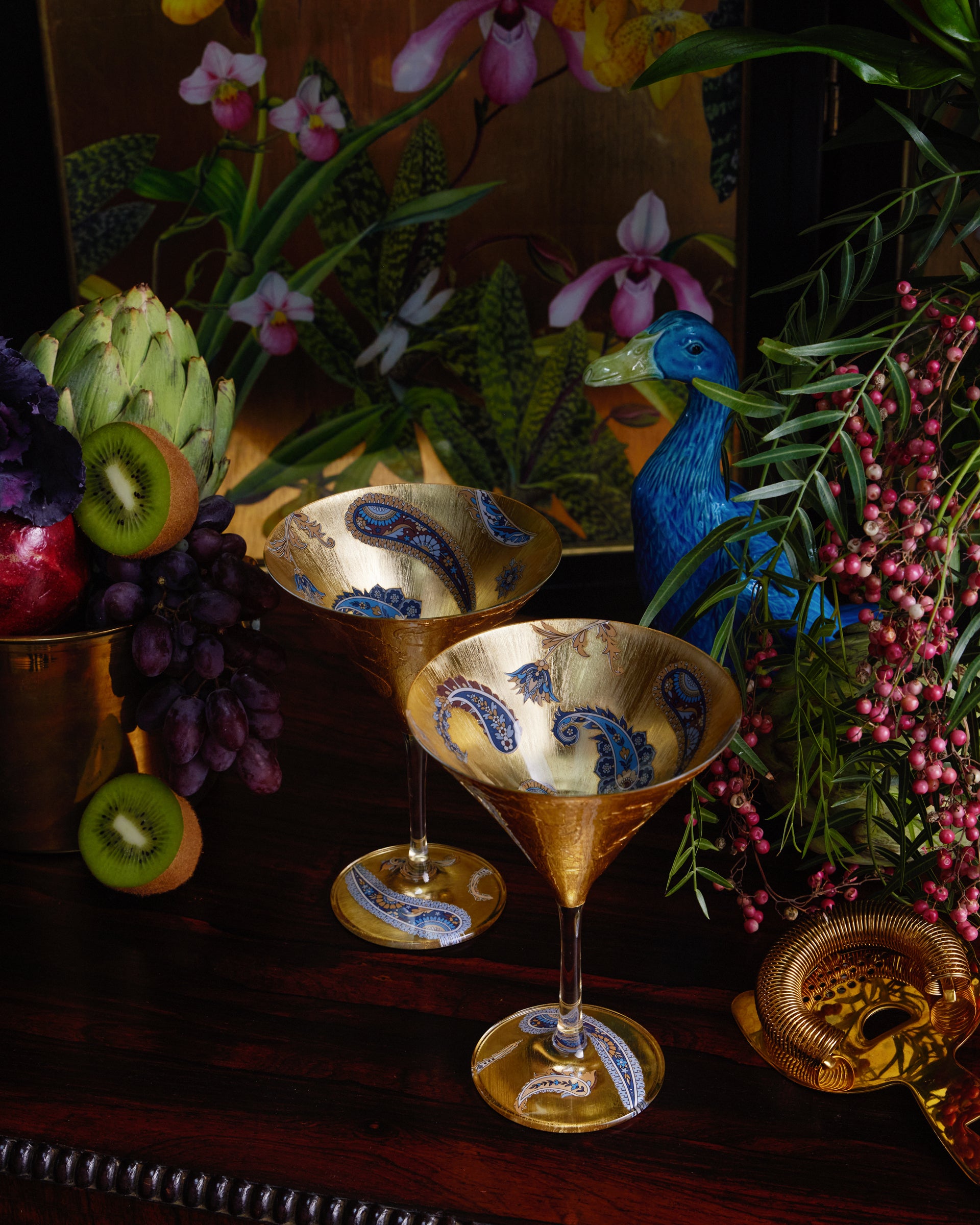 Scott Potter | Baby Blue Paisley Gilded Martini Glass Set at Jane's Vanity