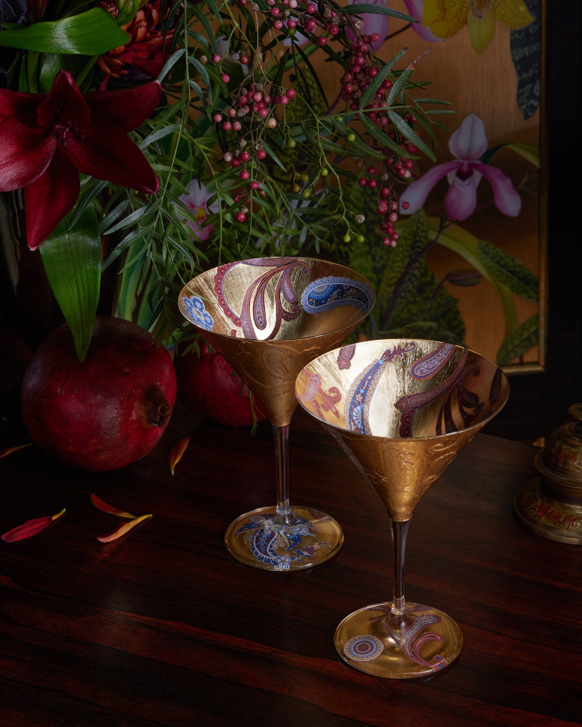 Scott Potter | Blue and Burnt Orange Paisley Gilded Martini Glass Set ...