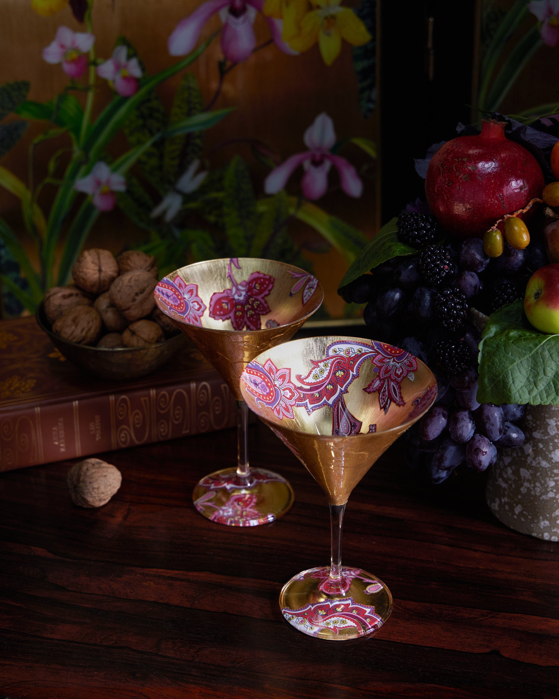 Scott Potter | Hot Pink Paisley Gilded Martini Glass Set at Jane's Vanity